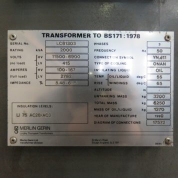 Merlin Gerin 2000kVA 11500 or 6900/415V Ynd11 Step Up Transformer (Hire ...