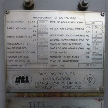 Parsons Peebles DTL 800kVA 11000/3300V Transformer | Slaters Electricals